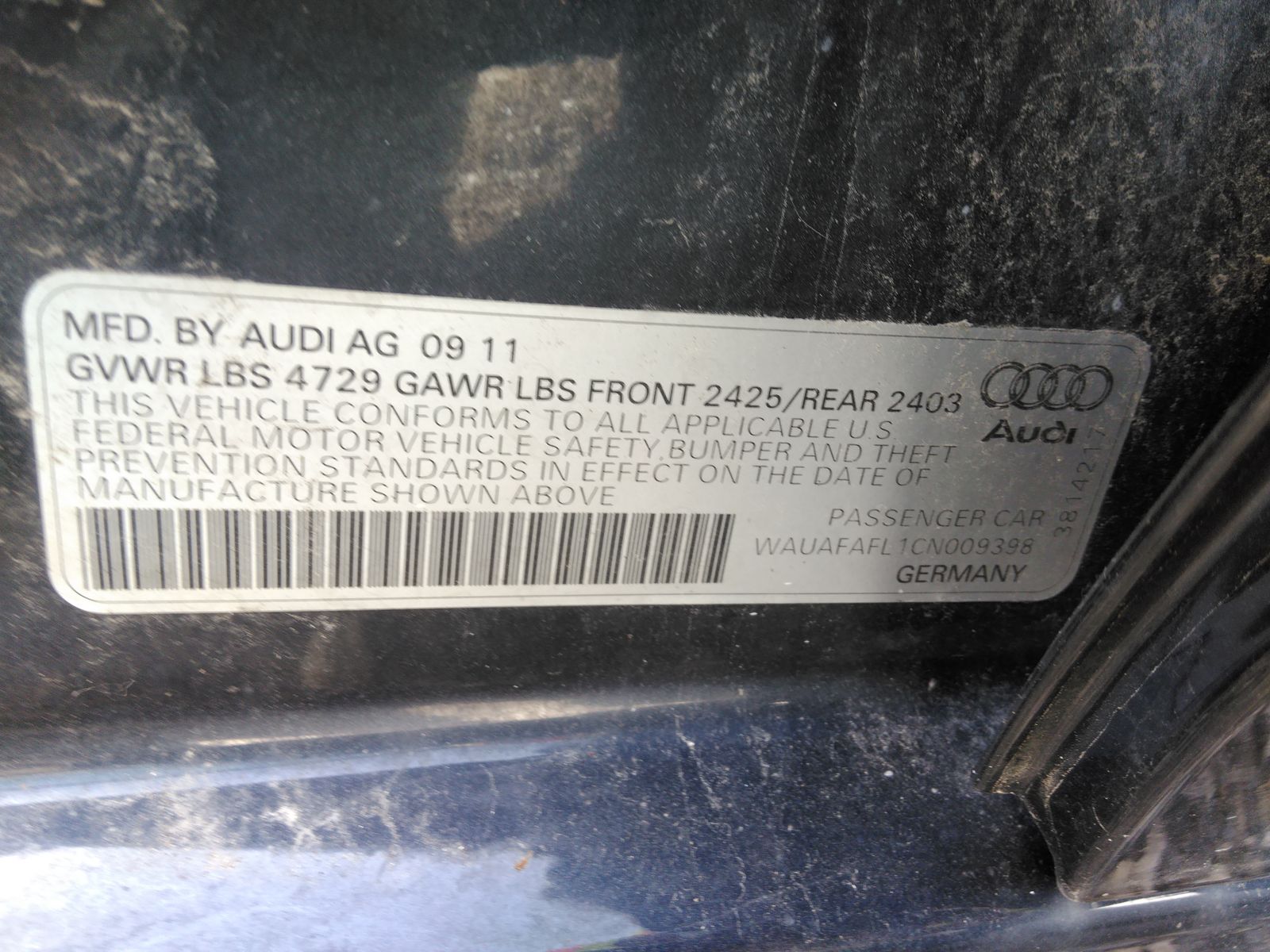 2012 Audi A4 VIN: WAUAFAFL1CN009398 from the USA - PLC Group